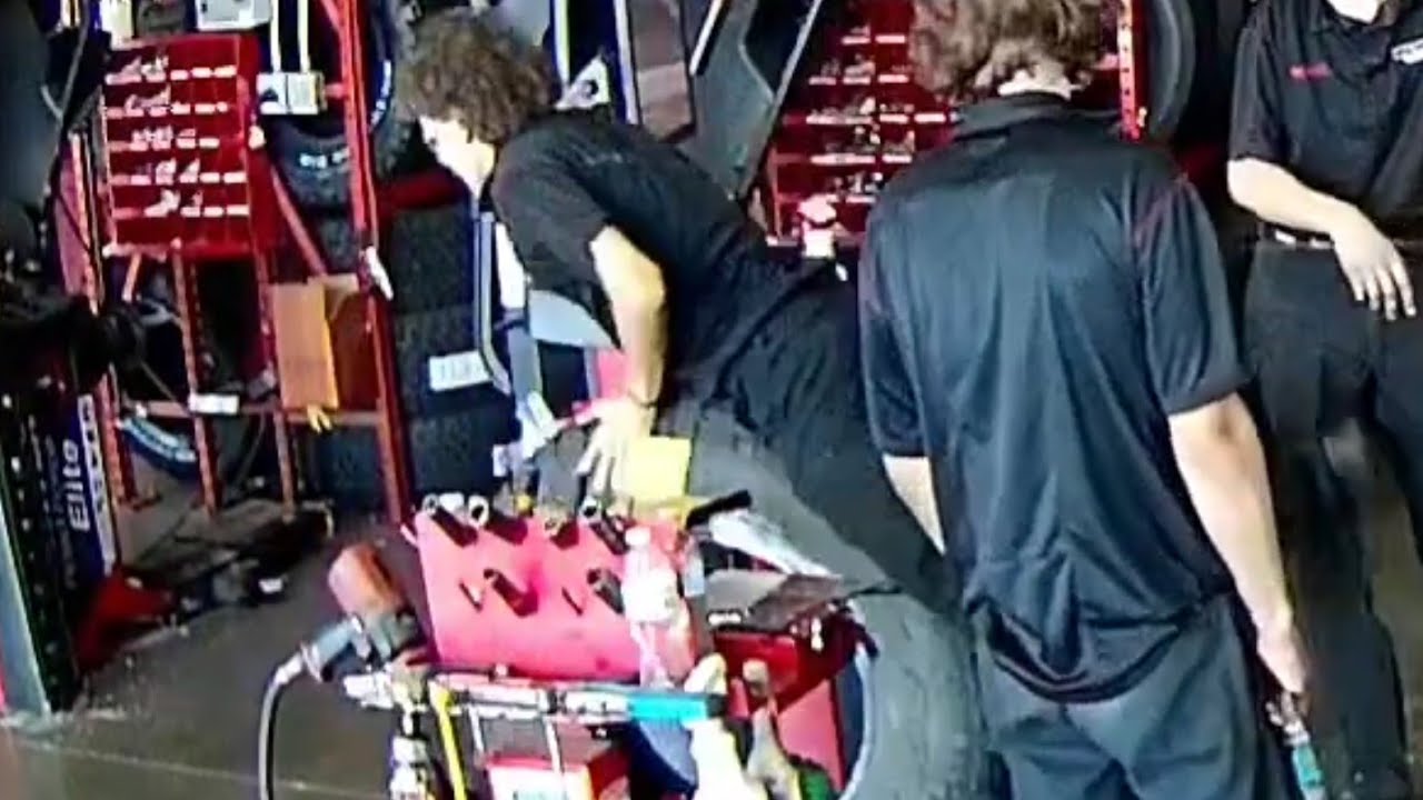 Discount Tire tech has fun riding 40" tire 😅 - YouTube