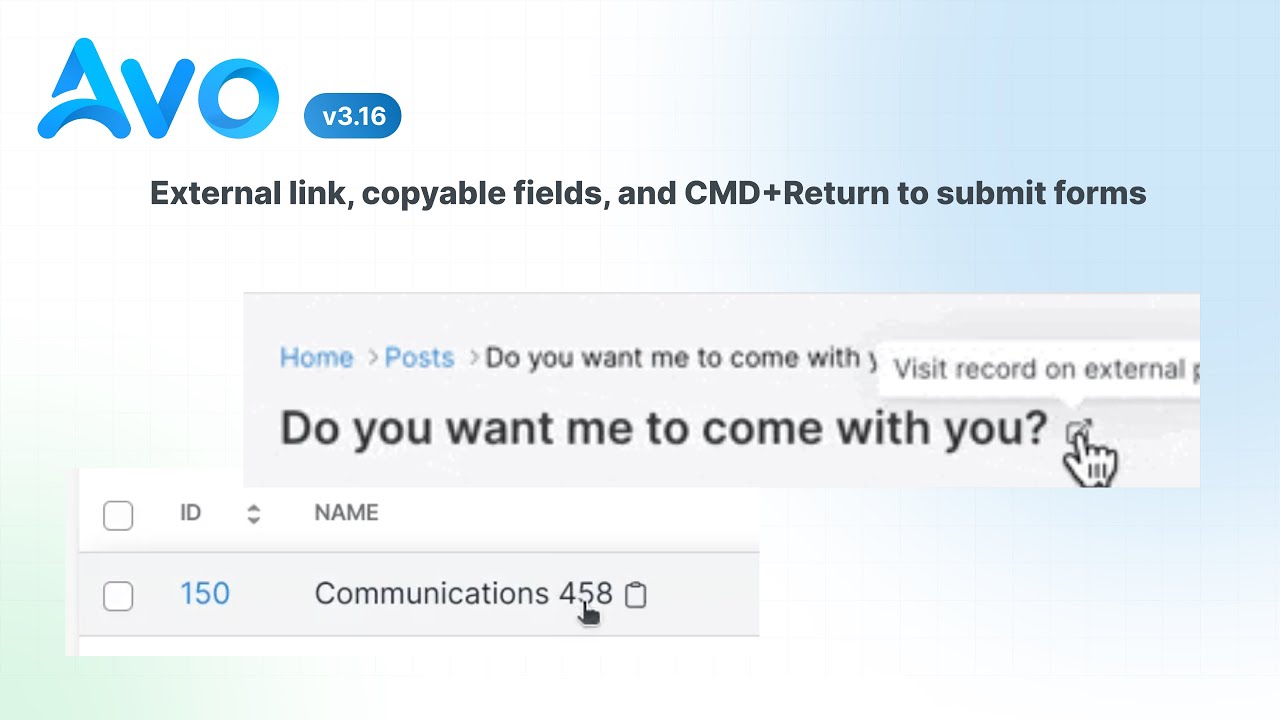 Avo 3.16 - External link, copyable fields, and CMD+Return to submit forms - YouTube