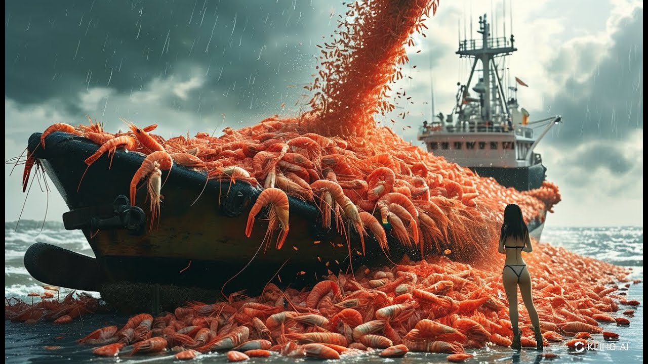 Thousands of tons of red shrimp are caught by fishermen at sea, Red ...
