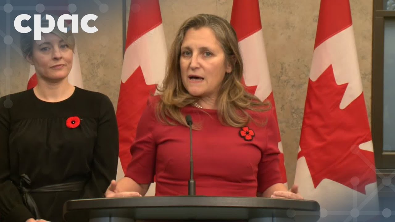 Ministers Chrystia Freeland and Mélanie Joly speak with reporters ...