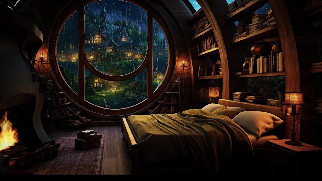 RAIN Hobbit World | Cozy Hobbit Room with Soothing Fireplace and Rain ...
