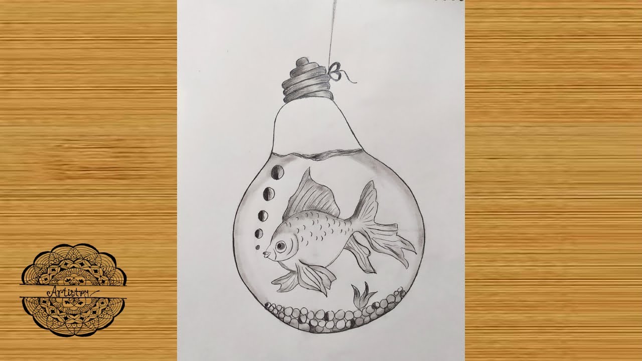 How to draw a Fish inside Bulb - Pencil sketch | Bulb Aquarium step by ...