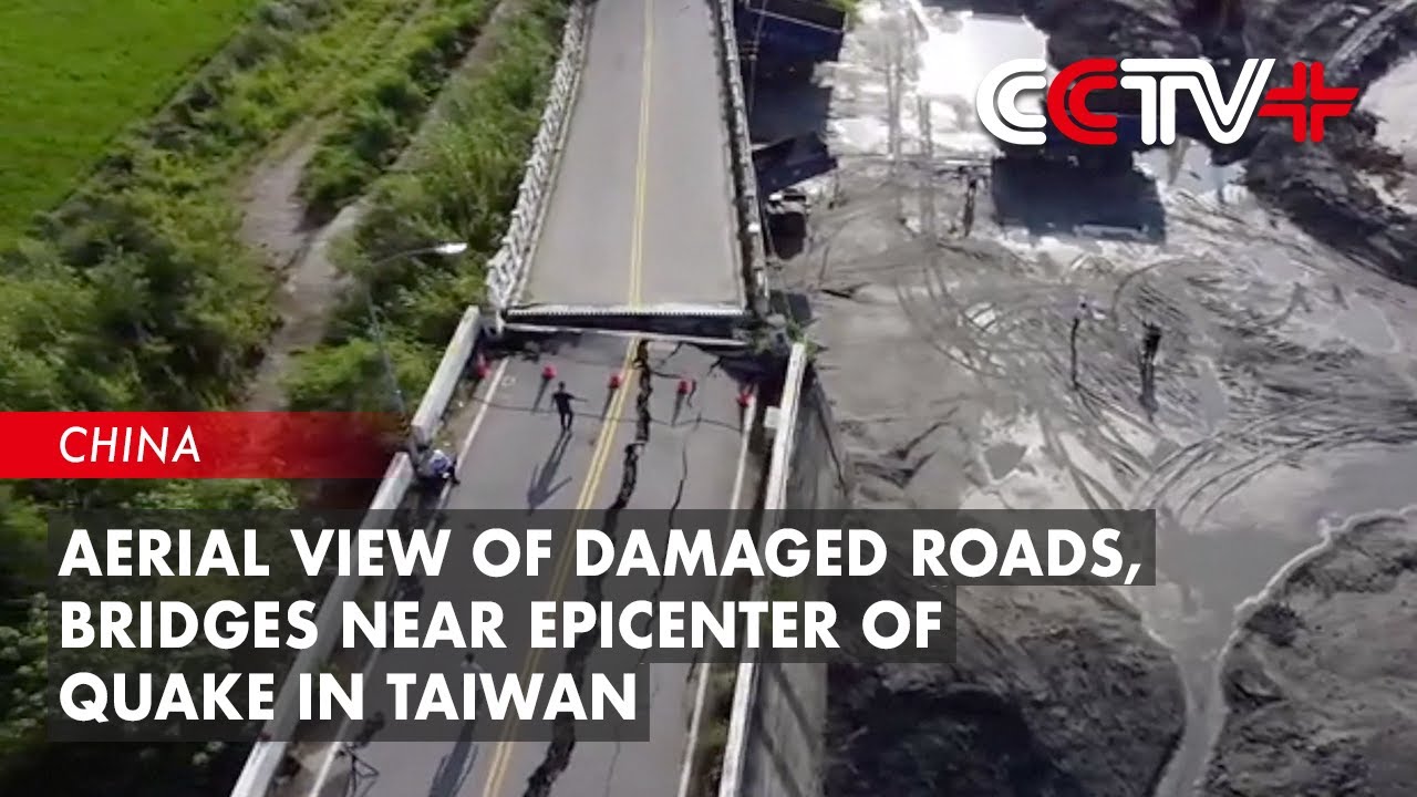 Aerial View of Damaged Roads, Bridges Near Epicenter of Quake in Taiwan ...