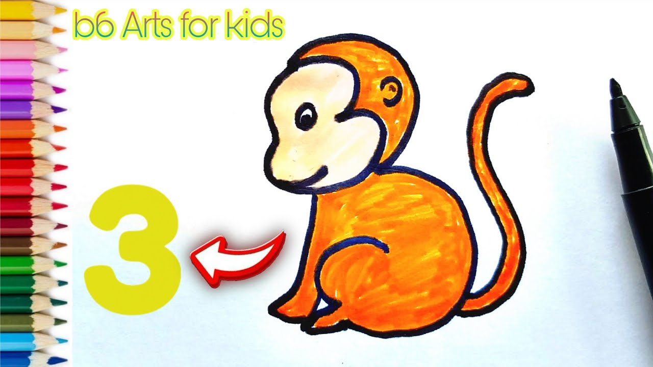 How to draw a monkey from number 3 | b6 Arts for kids - YouTube