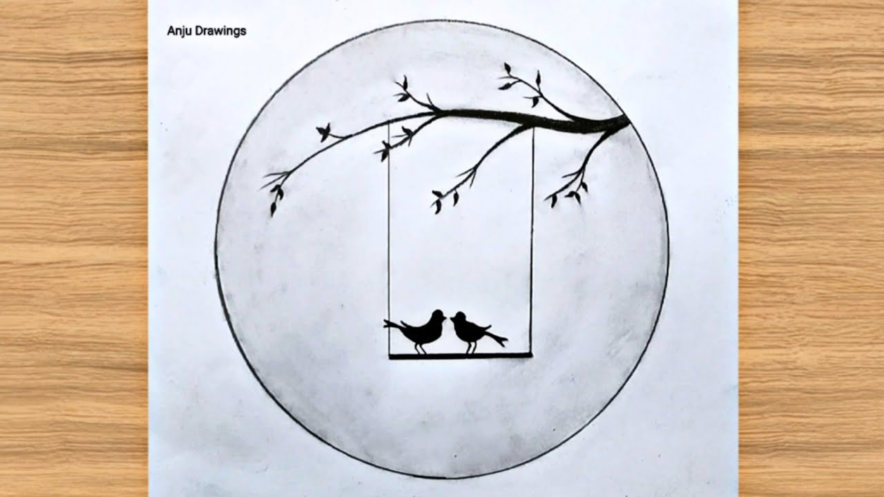 How To Draw Circle Scenery Drawing | Bird Drawing | Nature Drawing ...
