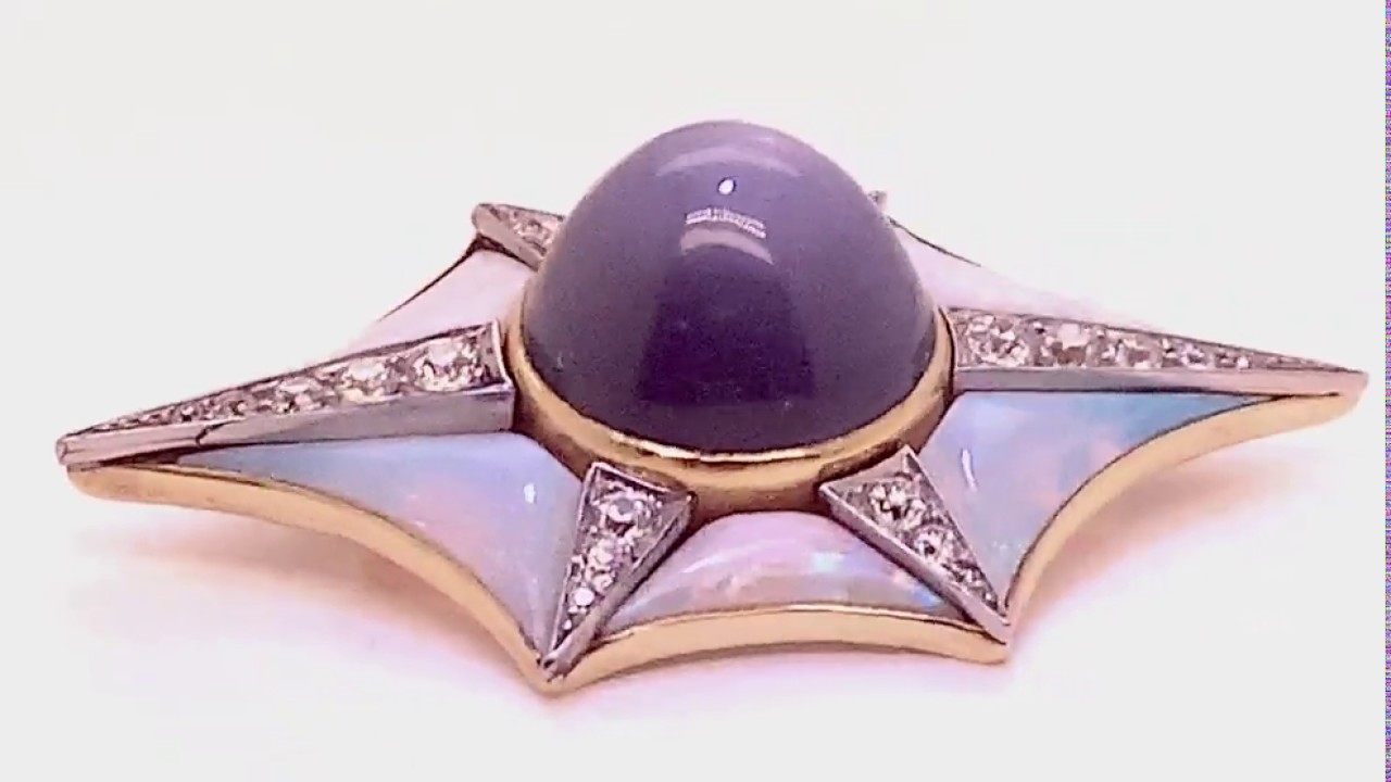 Estate Star Sapphire & Diamond Opal Brooch Pendant - Plat & 18kt ...