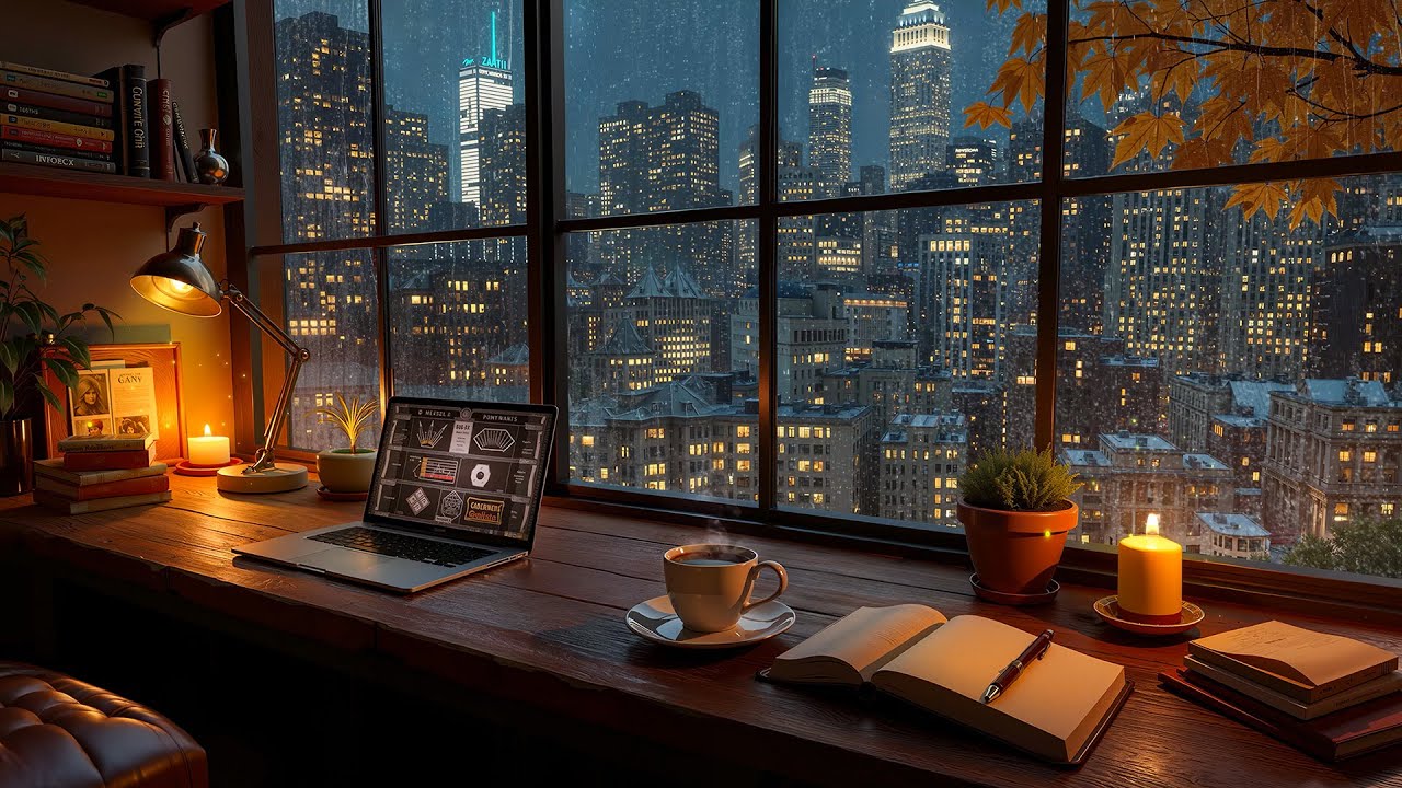 New York City Study Room Ambience 🌧️ Warm Jazz Music & Rain Sounds for ...