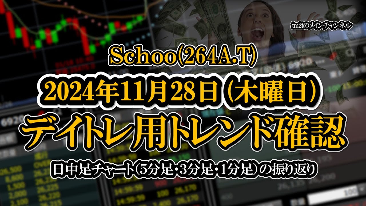 2024-11-28 ：Schoo(264A.T) 日中足株価チャート（5分足・3分足・1分足） - YouTube