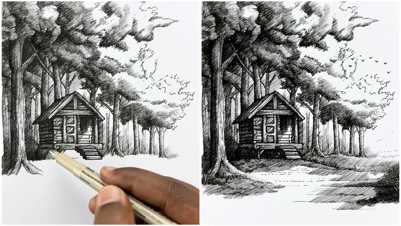 How to Draw a Forest Cabin Using Micron Pen | Step by Step Landscape ...