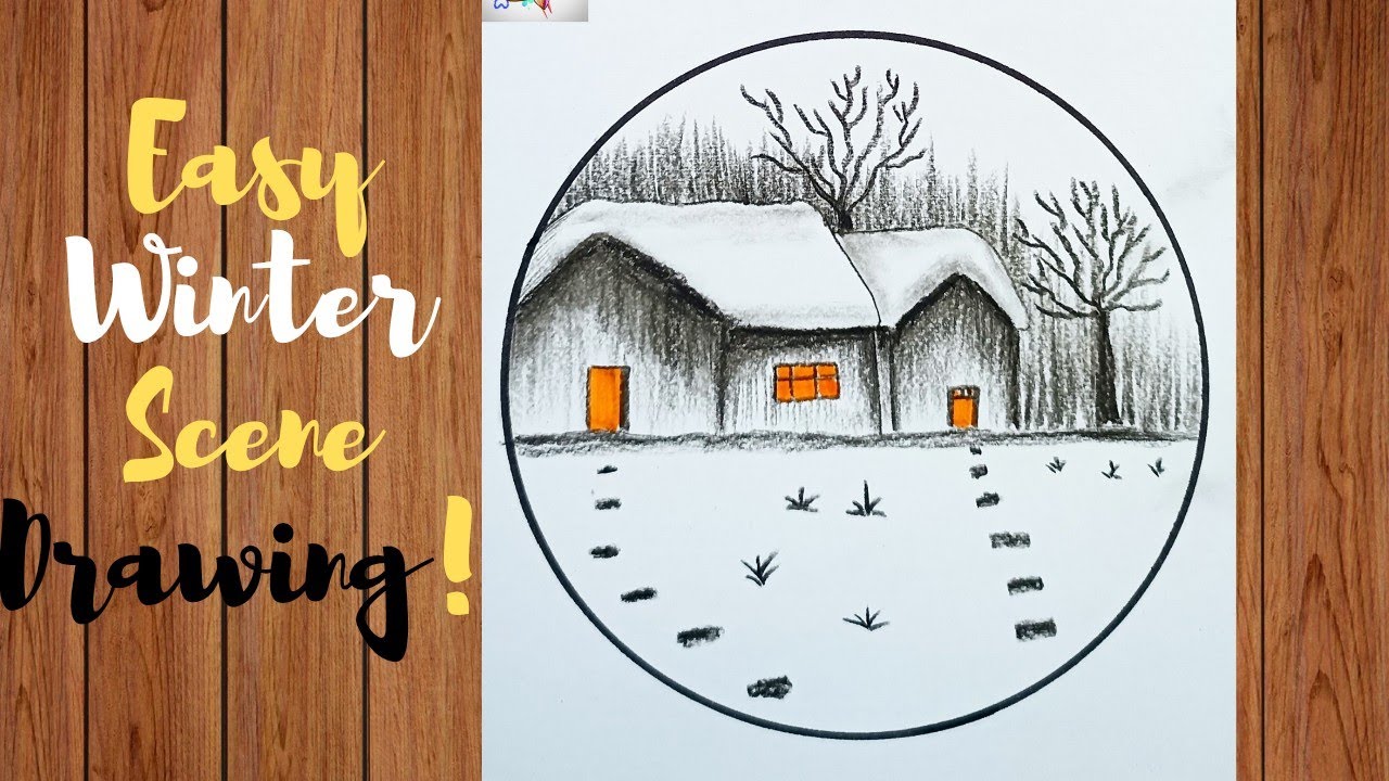 How to Draw a Winter House Scene | Easy Snowy Landscape Drawing for ...