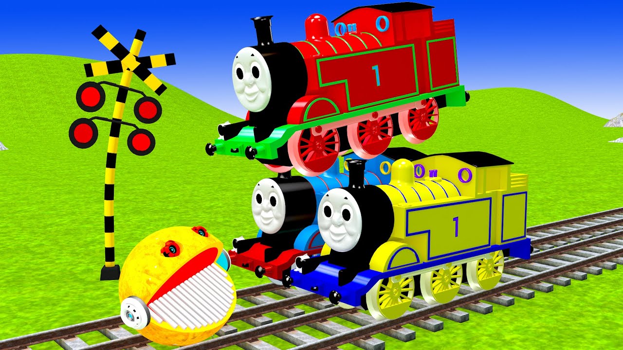 【踏切アニメ】スマートトレインTHOMAS TRAINS WERE HELPED BY PACMAN ROBOT 🚦 Fumikiri 3D ...