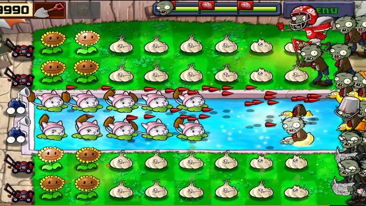 PLANTS VS ZOMBIES ADVENTURE POOL LEVEL 2 BATTLE | GARLIC AND CATTAILS ...