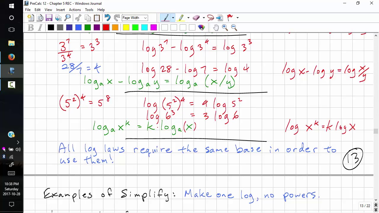PreCalculus 12 Chp 5.5 - Logarithmic Laws (2017) - YouTube