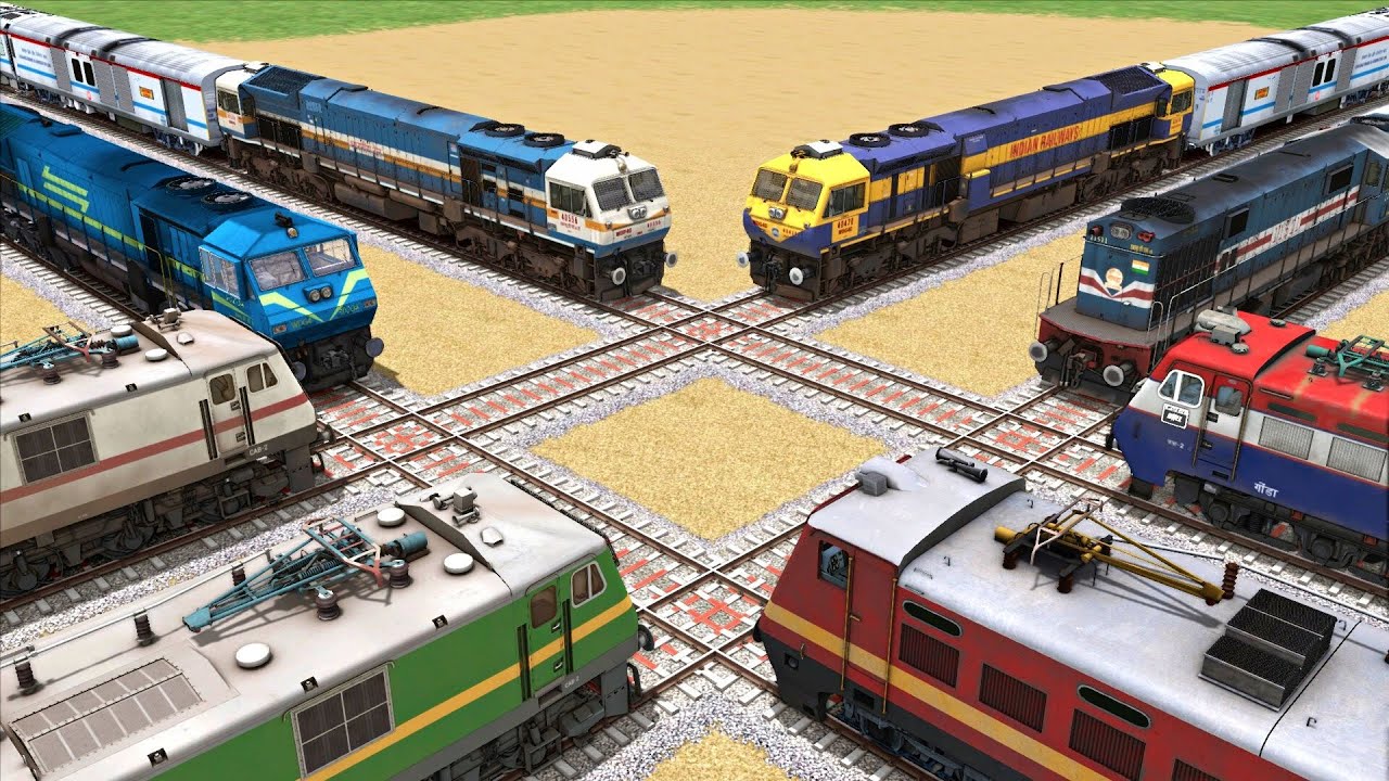 8 LINE BRANCHED DIAMOND RAILROAD CROSSING ON BUMPY RAILROAD TRACKS ...