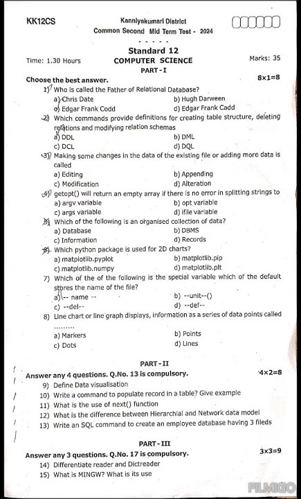 12th Standard Computer science Second Midterm Question Paper 2024 Kanyakumari District - YouTube