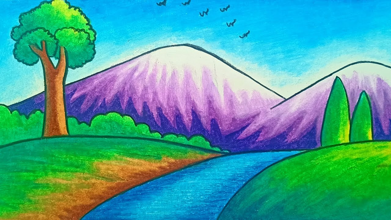 How To Draw Easy Nature Scenery Drawing With River and Mountain || Easy ...