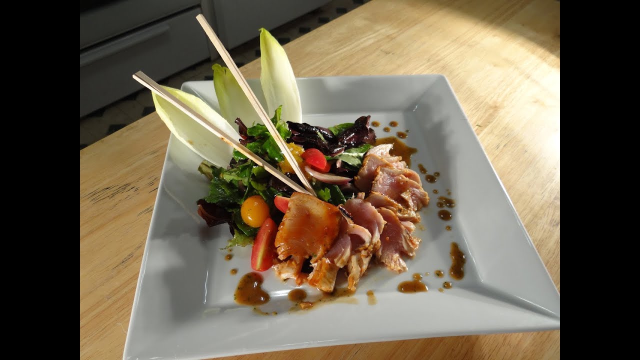 Grilled marinated Yellow fin Tuna with summer salad, soy cilantro ...