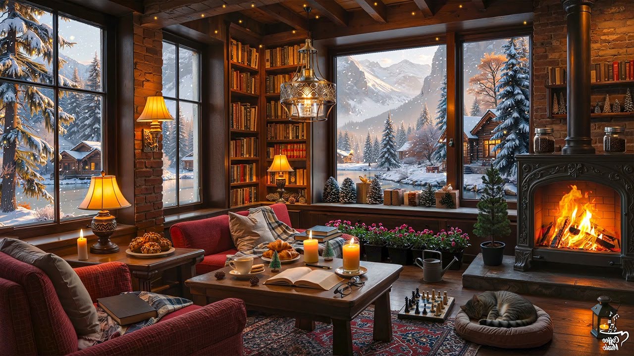 Cozy Winter Jazz in Warm Fireside Library ☕ Soft Instrumental Jazz with ...