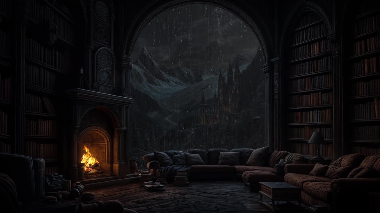 No Ads | 🏰 Gothic Castle Library with Fireplace & Rain Ambience - YouTube