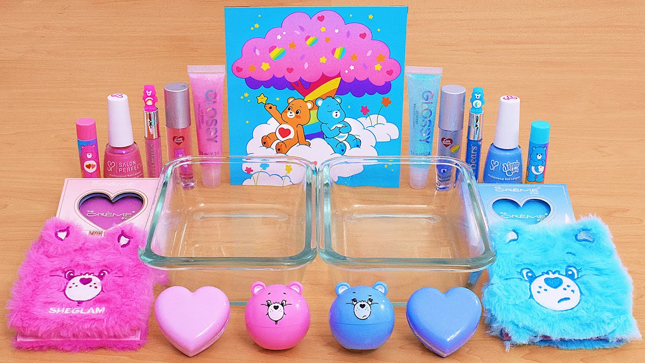 Pink vs Blue Care Bears - Mixing Makeup Eyeshadow Into Slime ASMR - YouTube