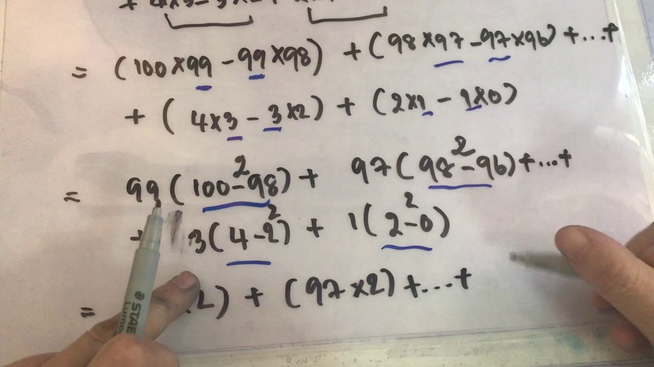 โจทย์จำนวนนับประยุกต์ 100X99-99X98+98x97-97x96+...+4x3-3x2+2x1=? - YouTube