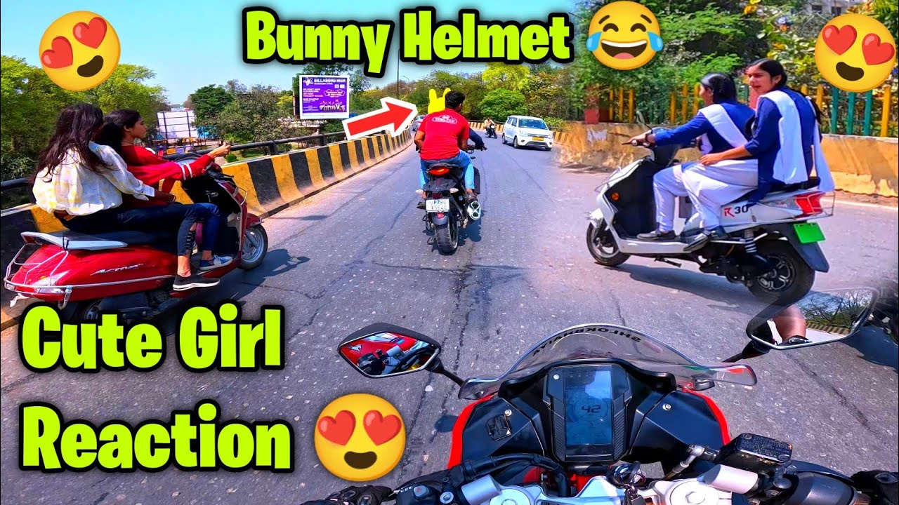 Cute girl reaction 💕😍| bunny helmet cover🐰 #bunnyhelmet #cute #reaction #rr310 - YouTube