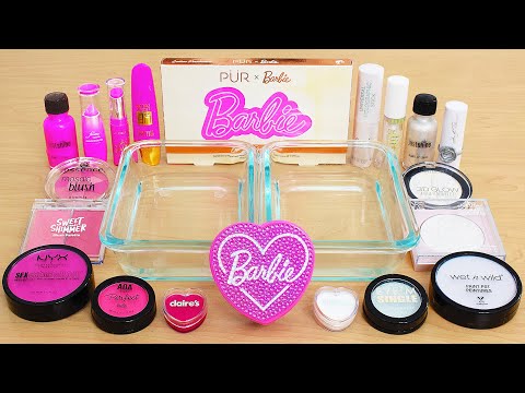 Barbie Pink vs Platinum Slime ASMR - Mixing Makeup Eyeshadow Into Clear Slime