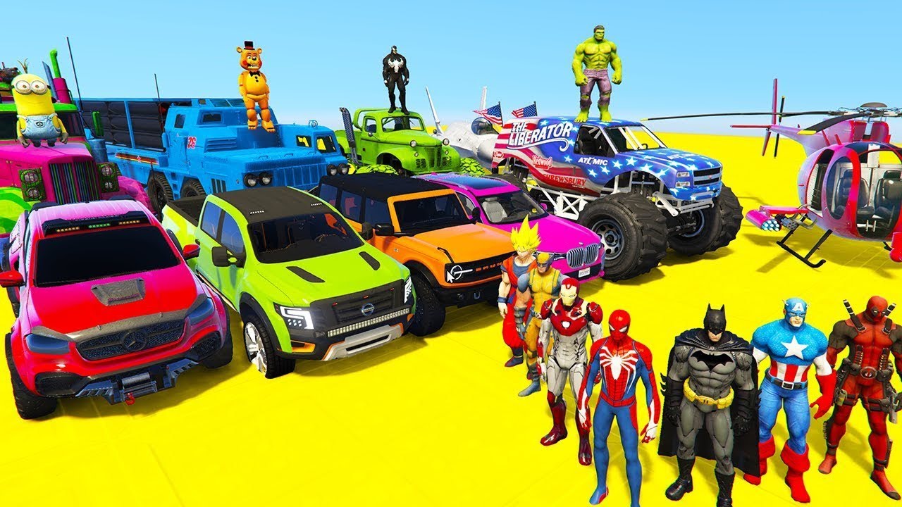SUPERHERO CARS Race on RIVER Ramp Challenge ! SPIDERMAN HULK Goku TANK ...