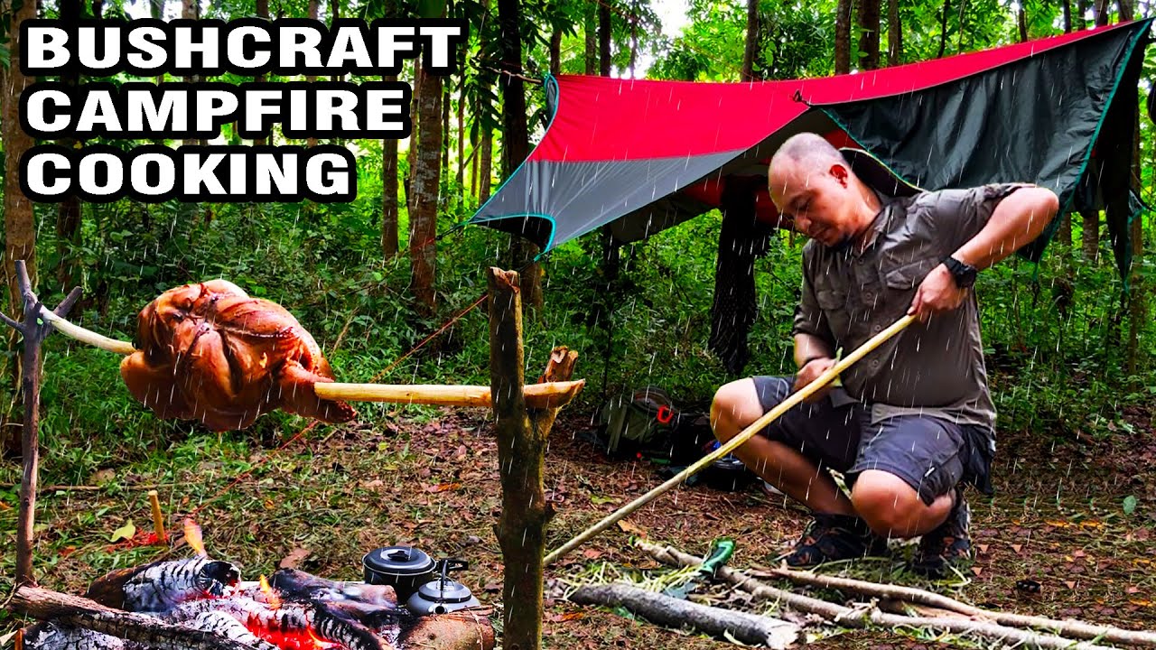 Overnight Bushcraft Camp | Campfire Cooking Whole Chicken | Hammock ...