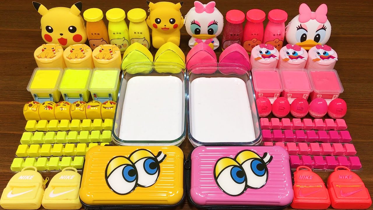 YELLOW PIKACHU vs PINK DONAL!!! Mixing random into GLOSSY Slime ...