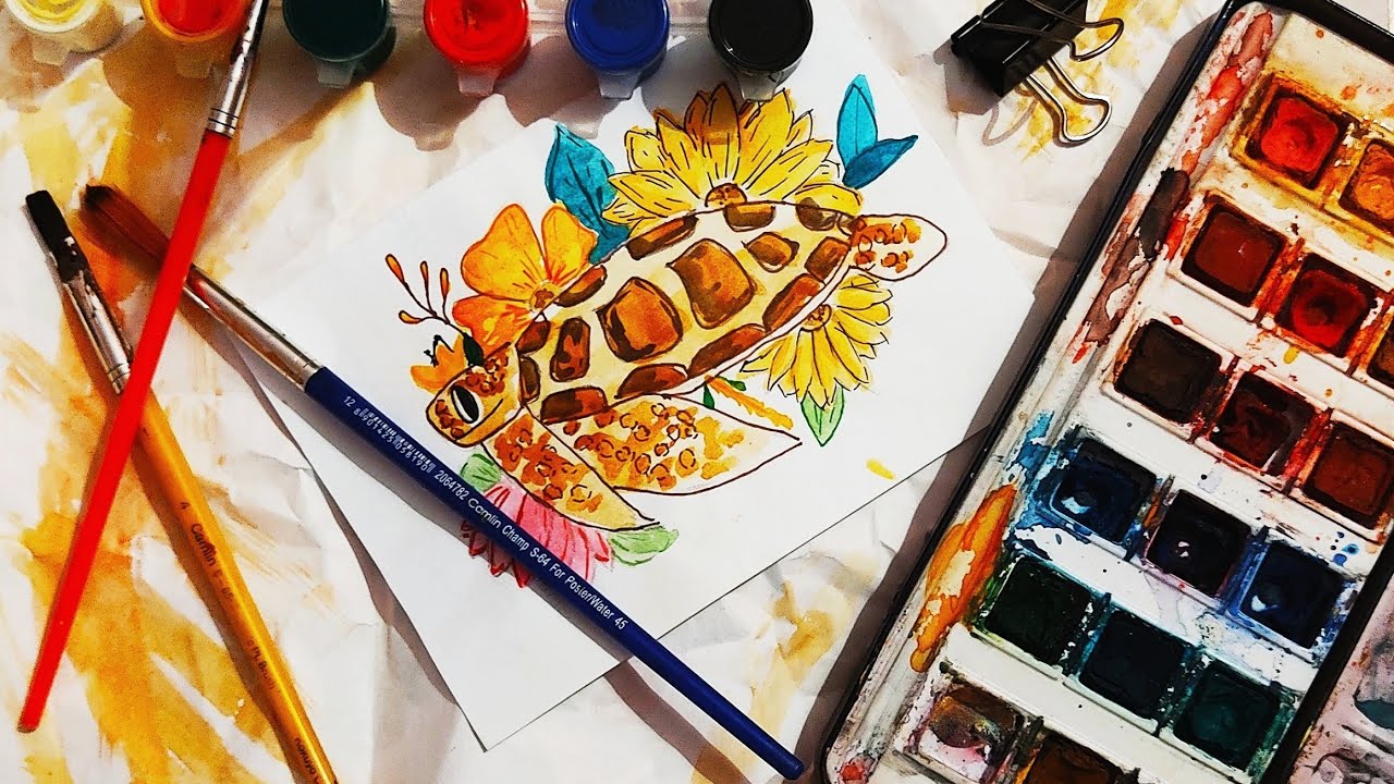 How to paint a tortoise with a tropical and floral twist - YouTube
