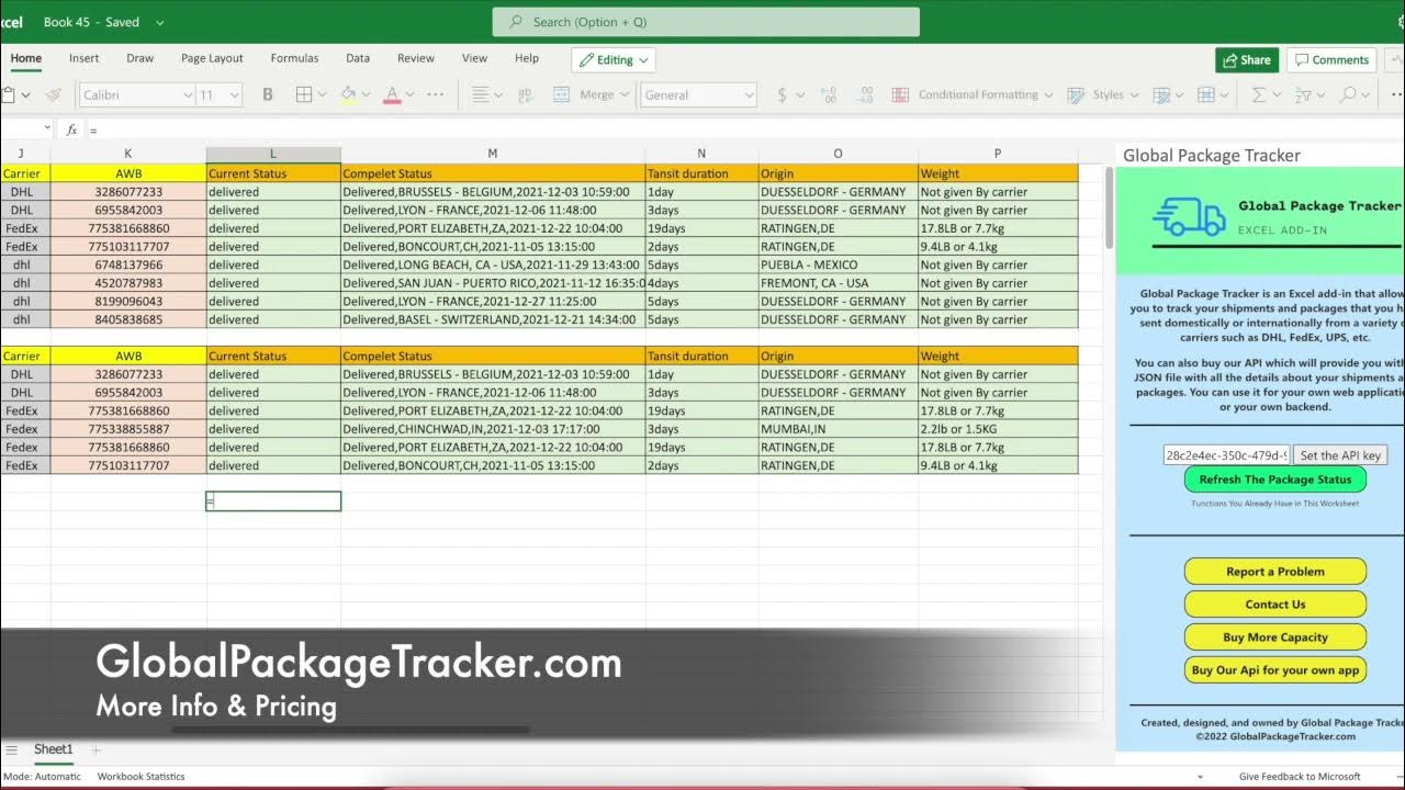 Excel add-in & Shipping API. Track your shipments and packages in Excel ...
