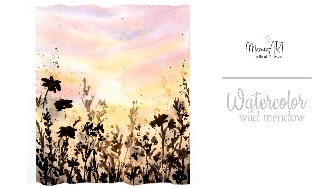 Watercolor sunset and wild flowers meadow - tutorial for beginners ...