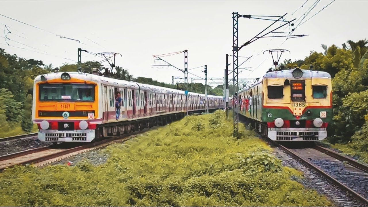 Parallel entry & exit | Two EMU train entering together at same time ...