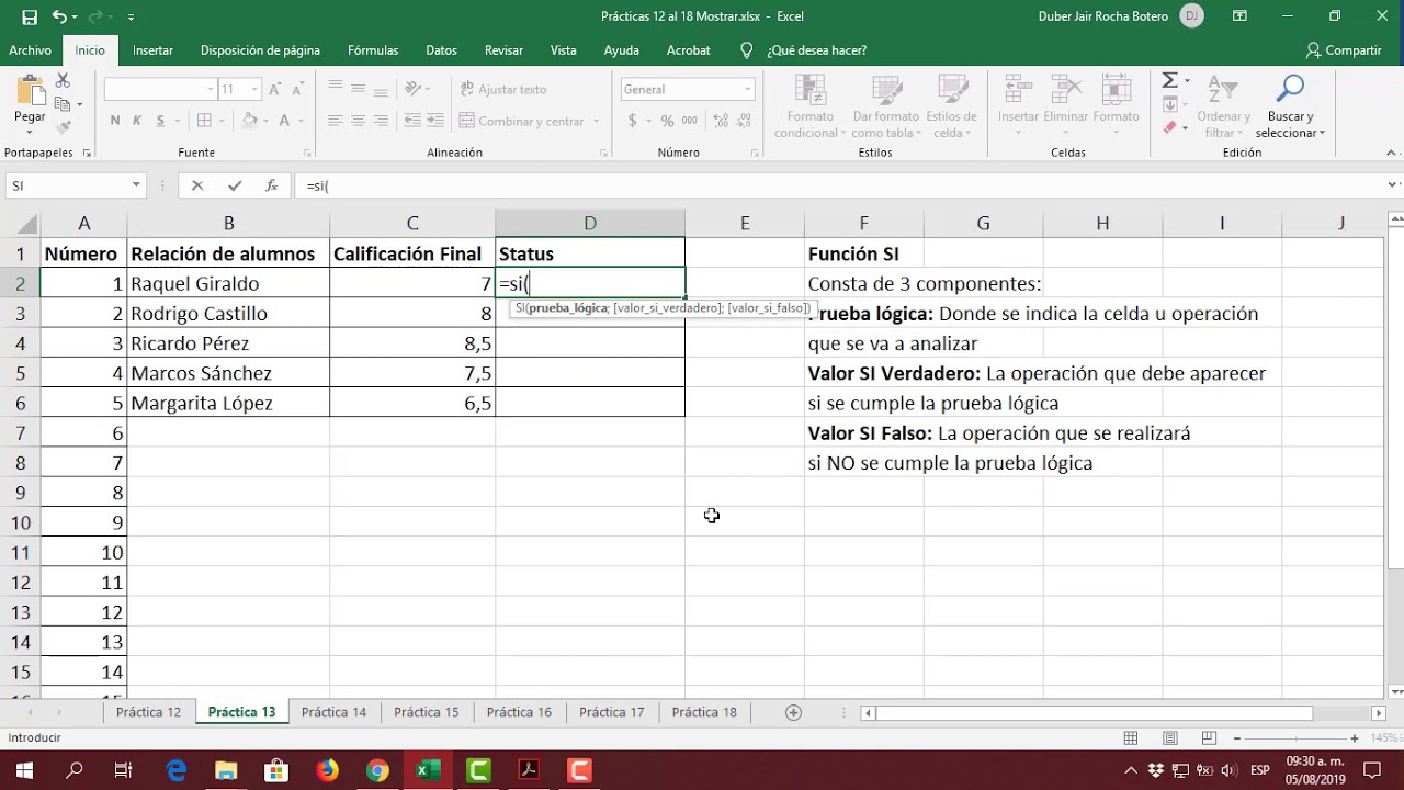 Práctica 13 Microsoft Excel (Función SI) - YouTube