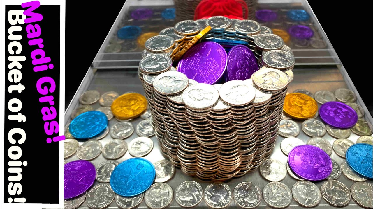 Coin Tower Bucked Of Coins Inside the Coin Pusher! Giveaway! Mardi Gras ...
