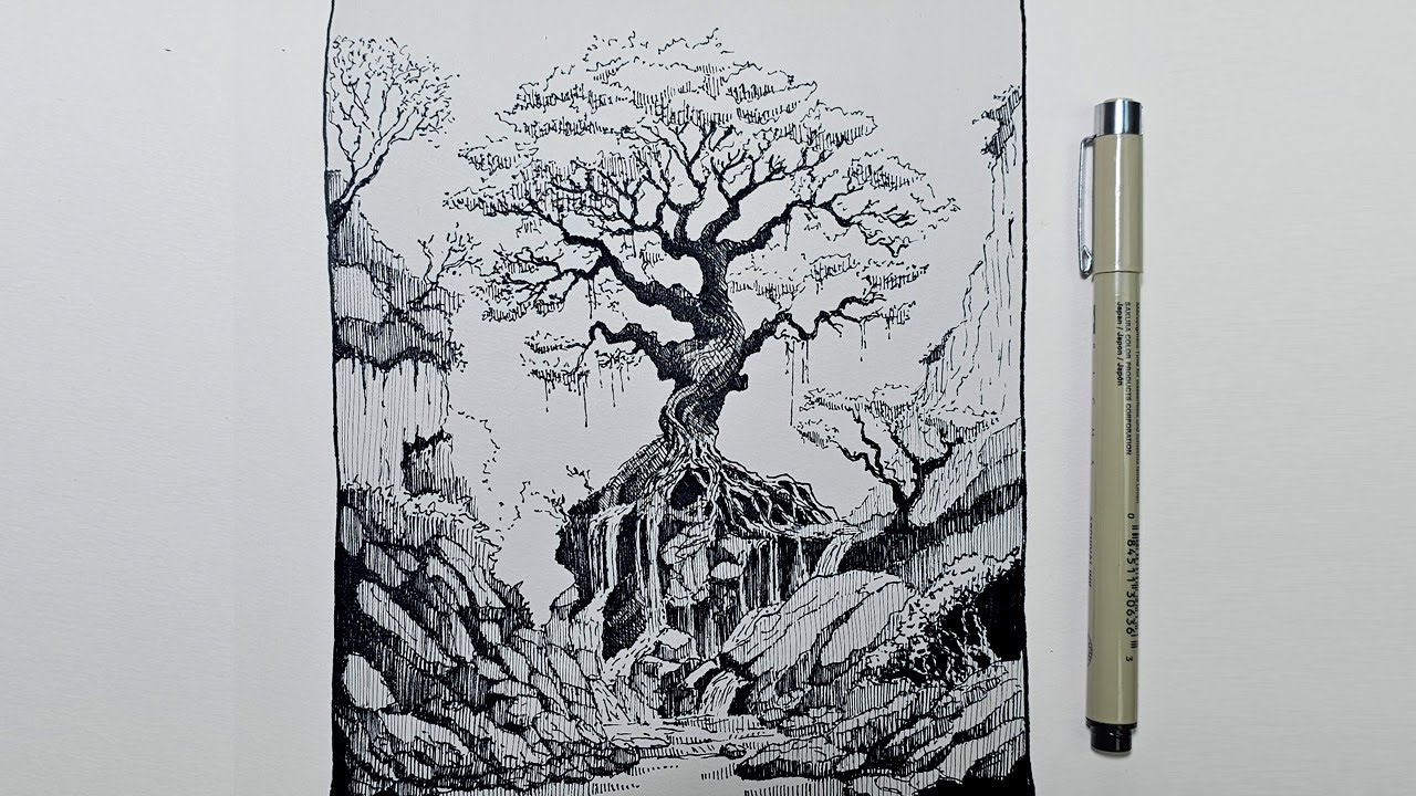 How to Draw a Tree with a waterfall - YouTube