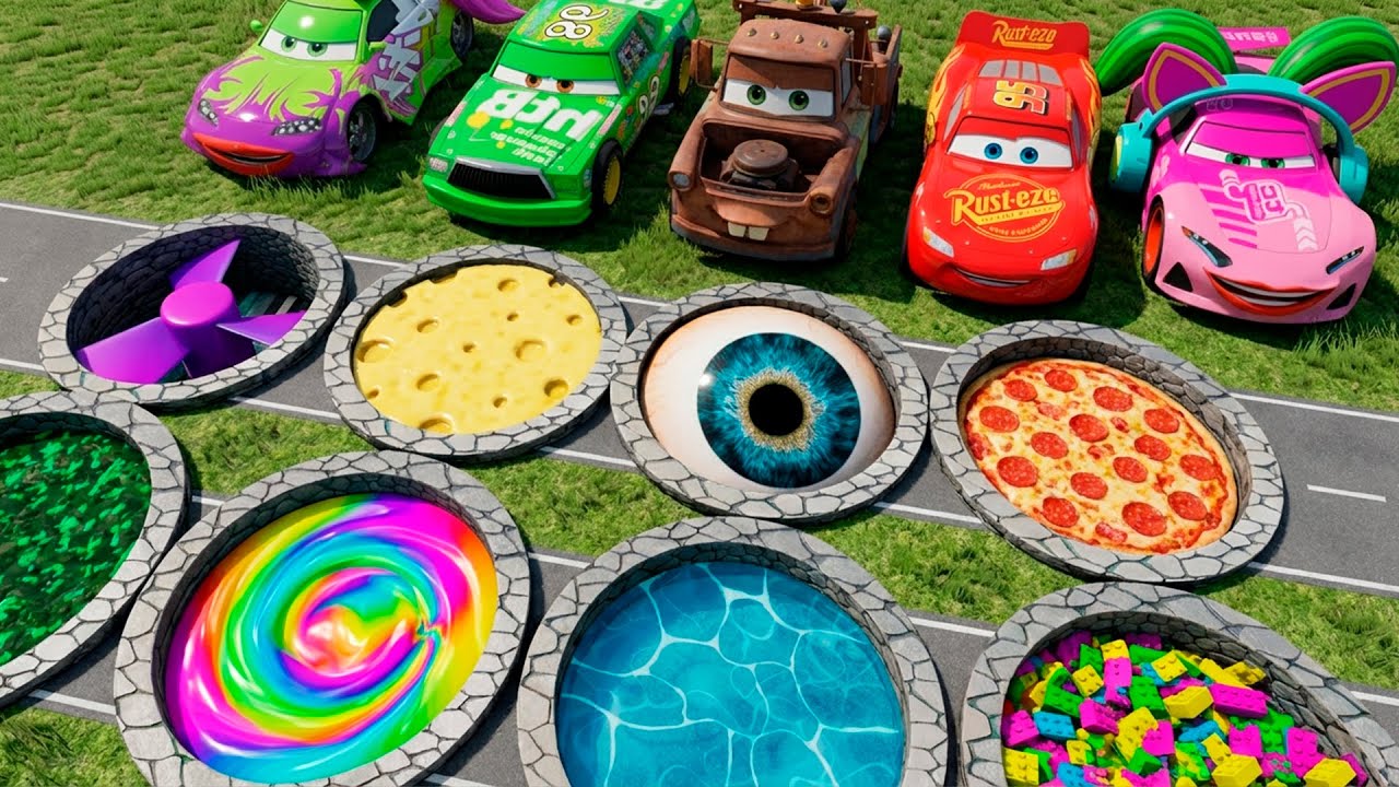Pixar Cars Lightning McQueen vs Giant Pit Traps! Can Cars Survive Crazy ...