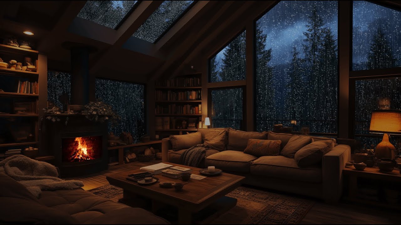 Nighttime Thunderstorm - Warm Cabin Living Room with Fireplace ...