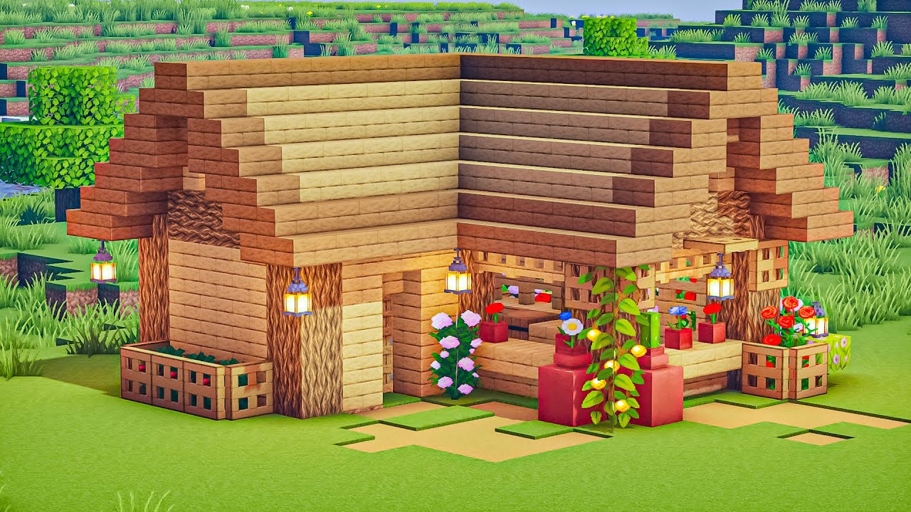 Minecraft: How to Build a Small Wooden Survival House With Flower Shop ...
