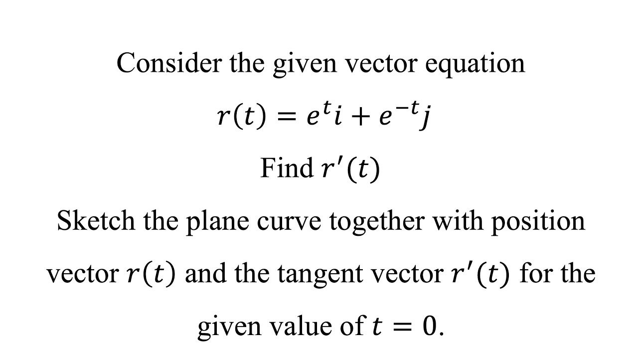 Consider the given vector equation 𝑟(𝑡)=𝑒^𝑡 𝑖+𝑒^(−𝑡) 𝑗. Find 𝑟^′(𝑡 ...