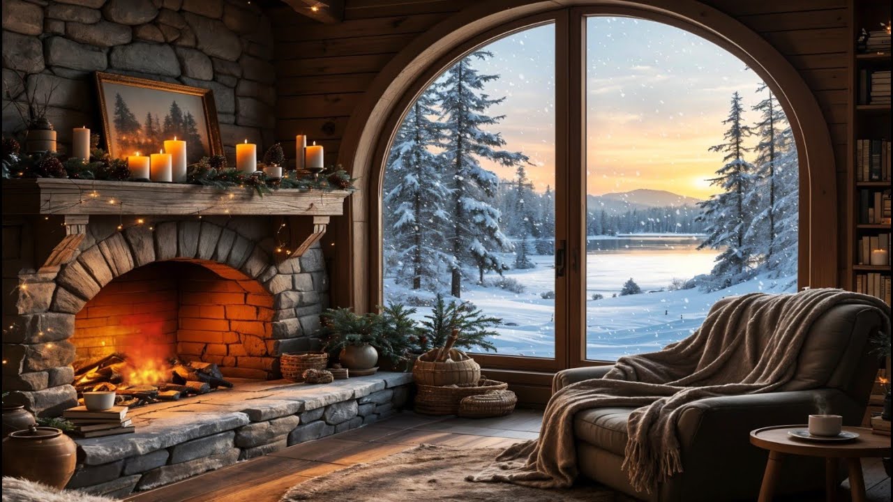 Cozy Winter Morning ️ Fireplace & Snowfall by the Lake 🔥 Relaxing ...