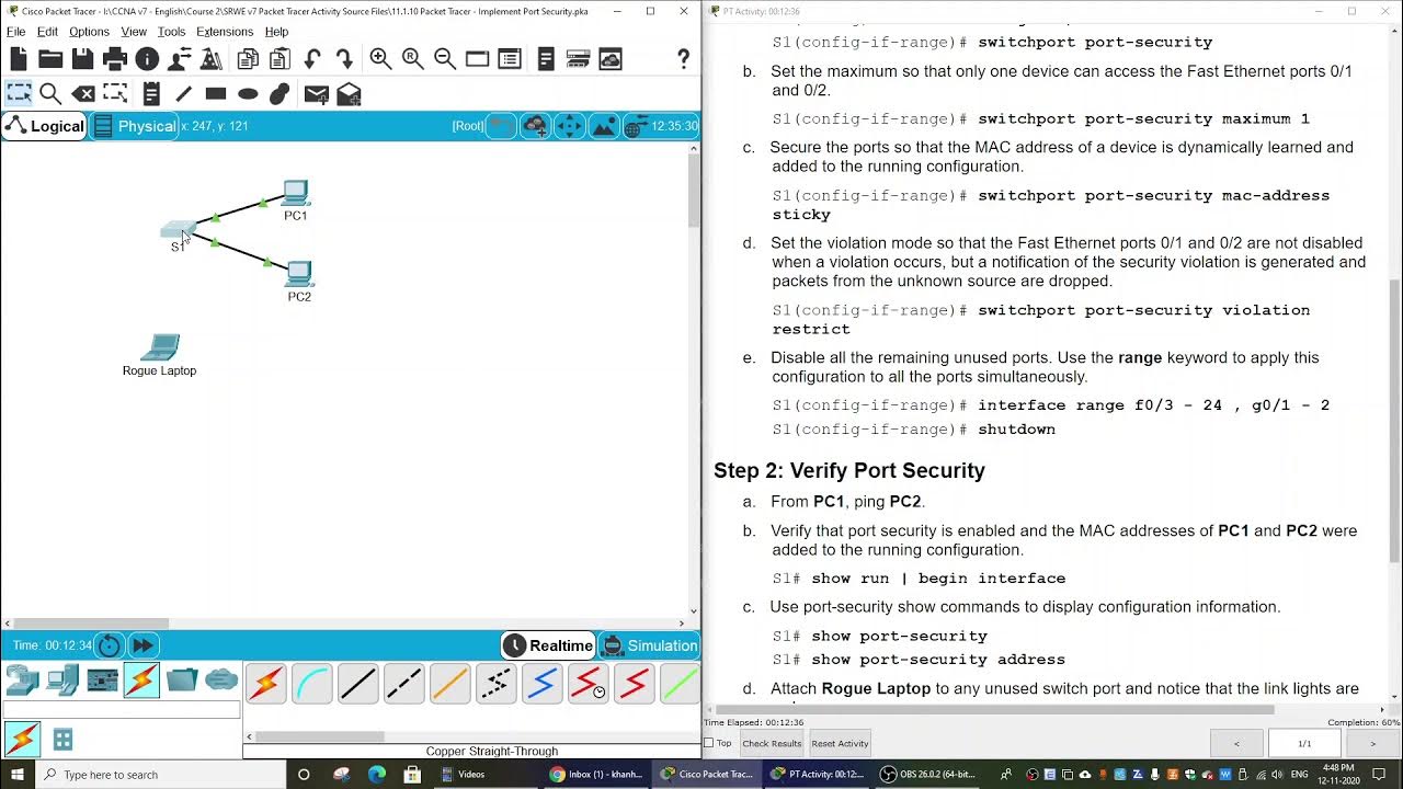 11 1 10 Packet Tracer Implement Port Security Youtube