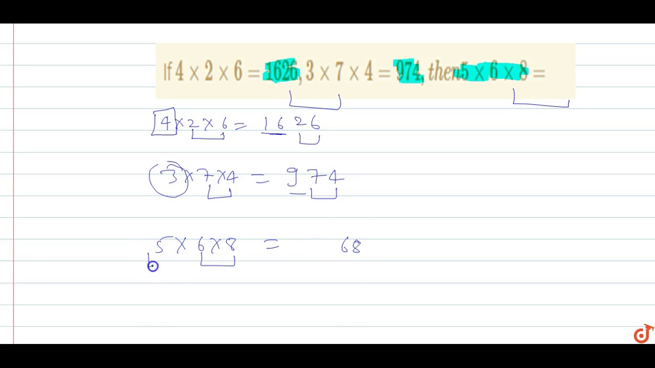 If `4 xx 2 xx 6 =1626, 3 xx 7 xx 4=974, then 5 xx 6 xx 8=` - YouTube