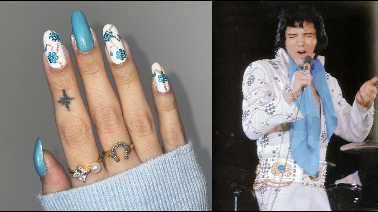 nail art inspired by Elvis's Blue Flower Vine Jumpsuit 💙👑 - YouTube