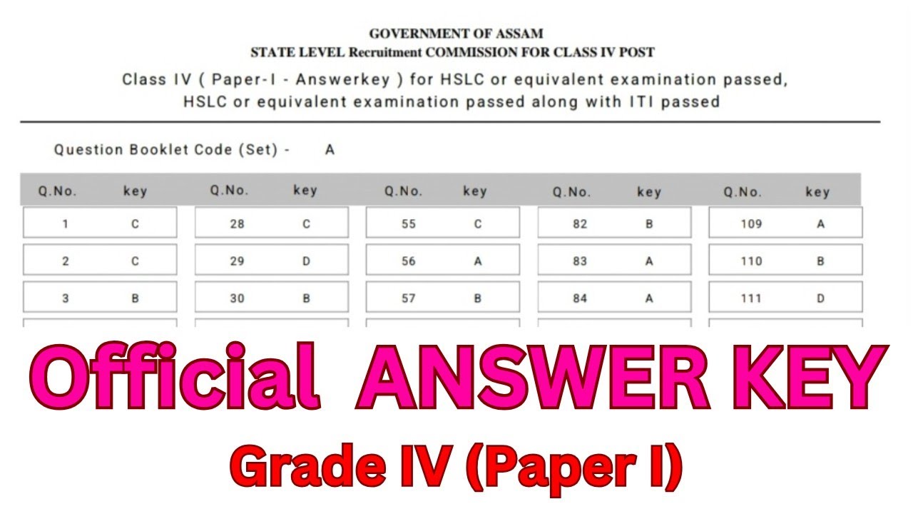 ADRE Grade IV || Official Answer Key || Assam Direct Recruitment Exam ...