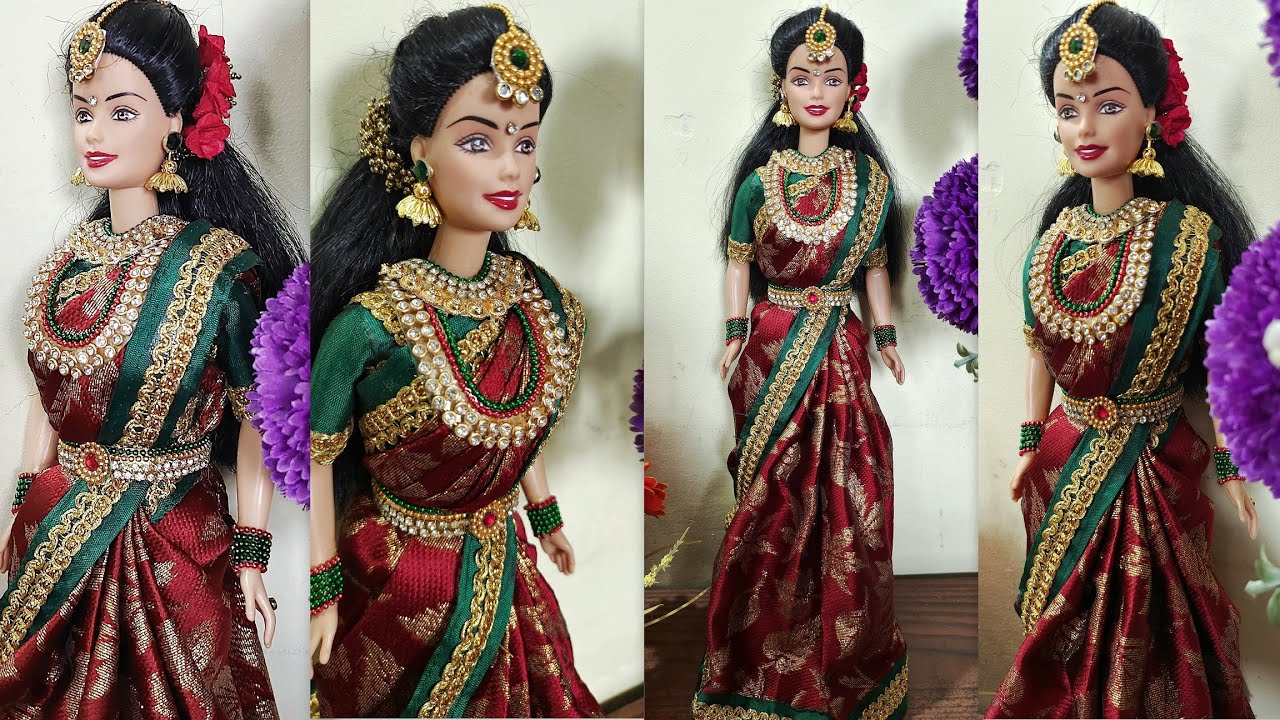 Barbie doll saree making / Barbie doll Marriage Reception saree draping ...