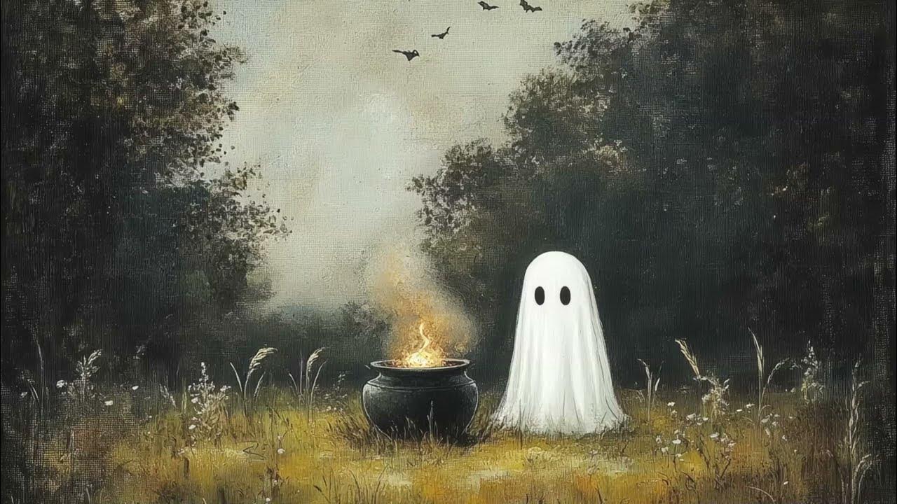 Vintage Painting of a Ghost by the Cauldron, Spooky Halloween TV Art ...
