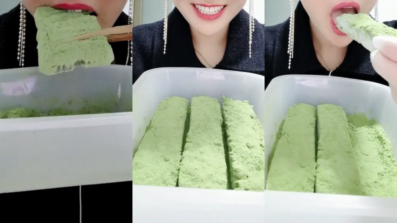 ASMR 얼음먹방 COATED MATCHA POWDERY THIN ICE BLOCK ICE EATING ASMR💚🍵 GREEN ...
