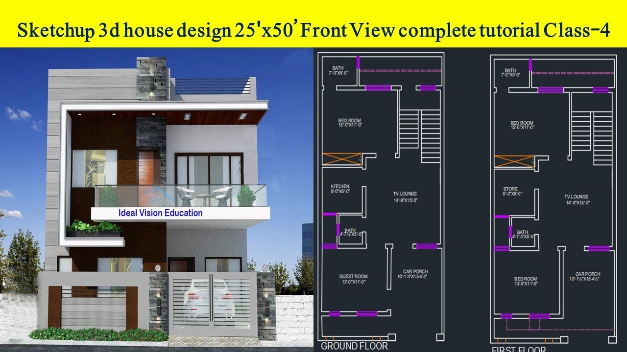 Sketchup 3d house design 25'x50’ Front View complete tutorial Class -4 ...